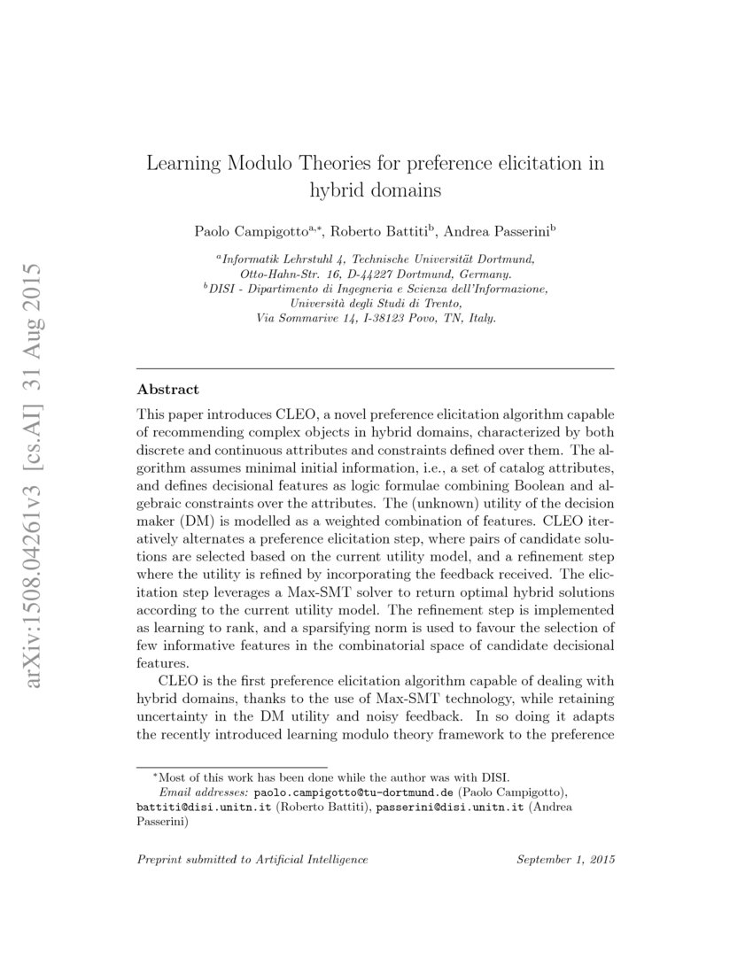 Learning Modulo Theories for preference elicitation in hybrid domains | DeepAI