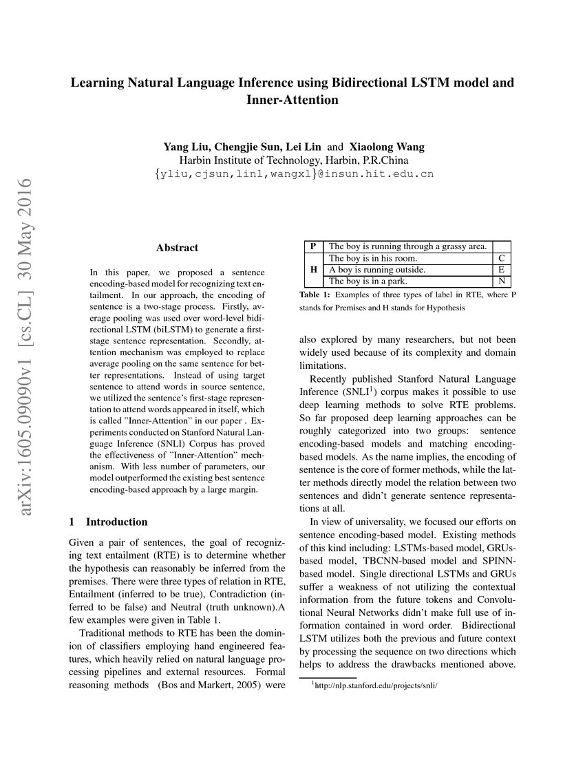 Learning Natural Language Inference Using Bidirectional Lstm Model And Inner Attention Deepai