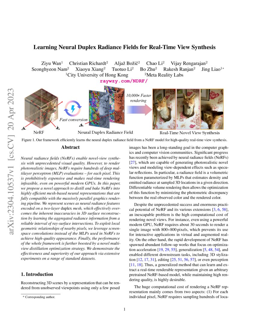 Learning Neural Duplex Radiance Fields for Real-Time View Synthesis | DeepAI