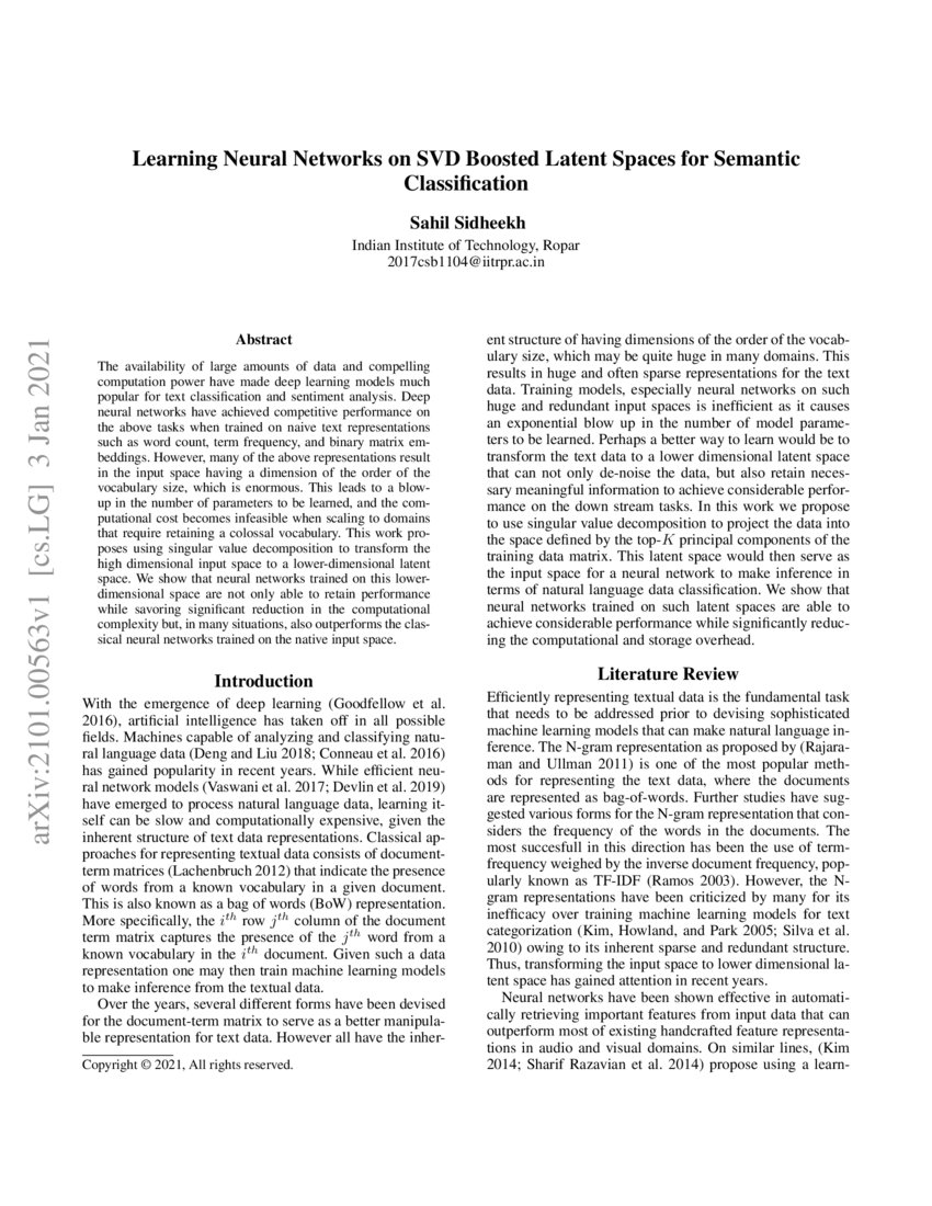 Learning Neural Networks on SVD Boosted Latent Spaces for Semantic Classification | DeepAI