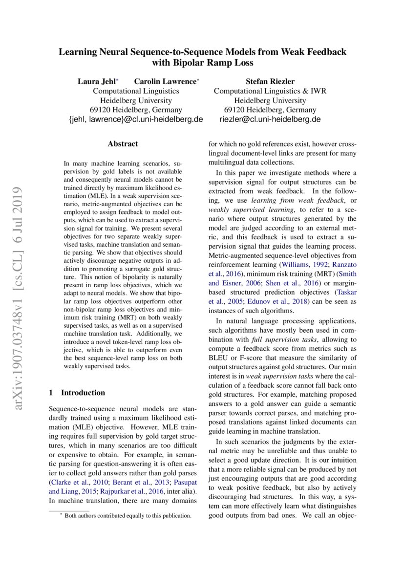 Learning Neural Sequence-to-Sequence Models from Weak Feedback with Bipolar Ramp Loss | DeepAI