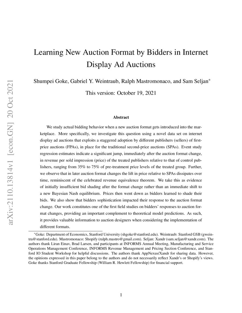 Learning New Auction Format by Bidders in Internet Display Ad Auctions | DeepAI