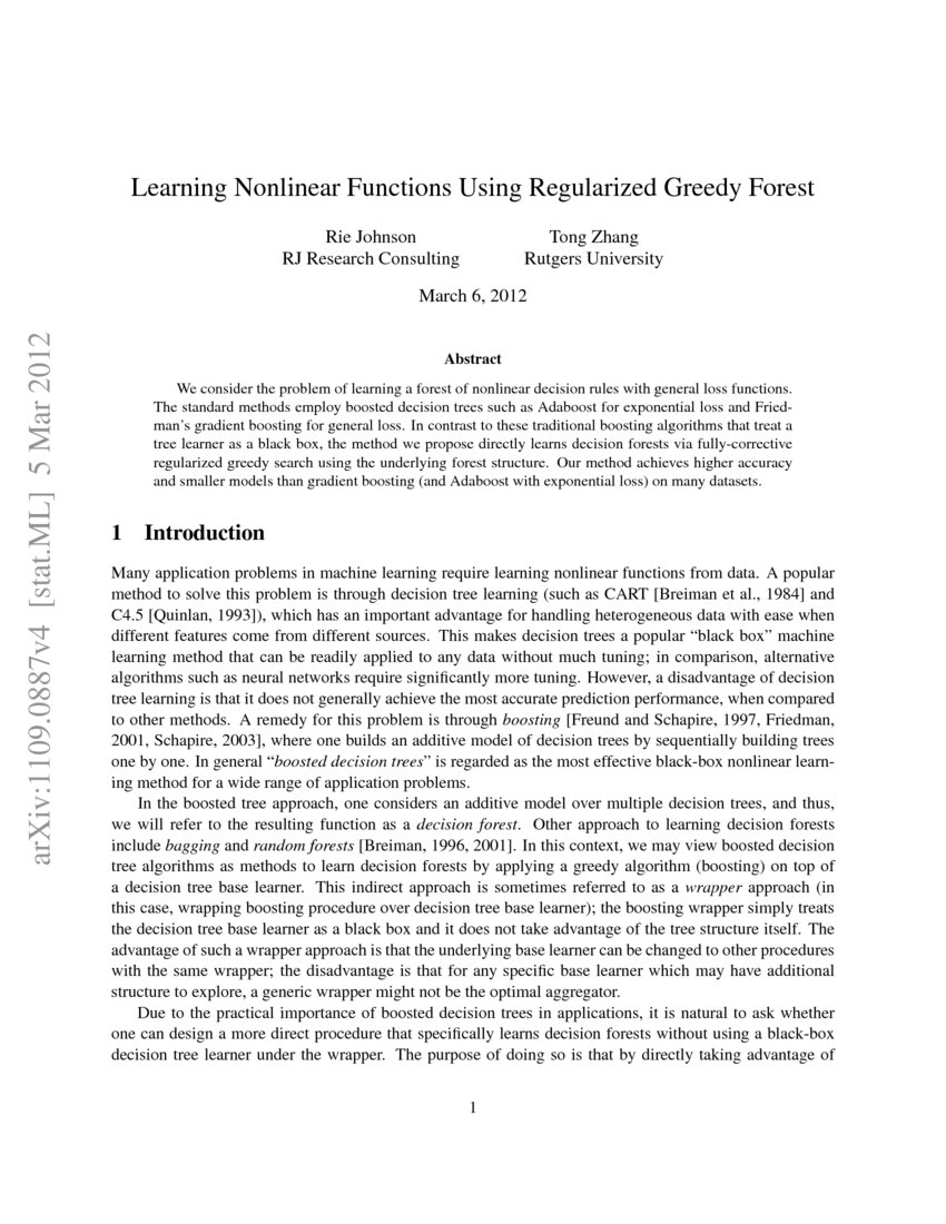 Learning Nonlinear Functions Using Regularized Greedy Forest | DeepAI