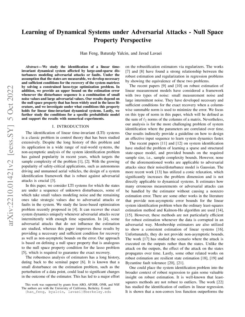 Learning Of Dynamical Systems Under Adversarial Attacks Null Space Property Perspective Deepai