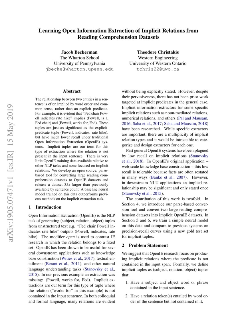 Learning Open Information Extraction Of Implicit Relations From Reading Comprehension Datasets