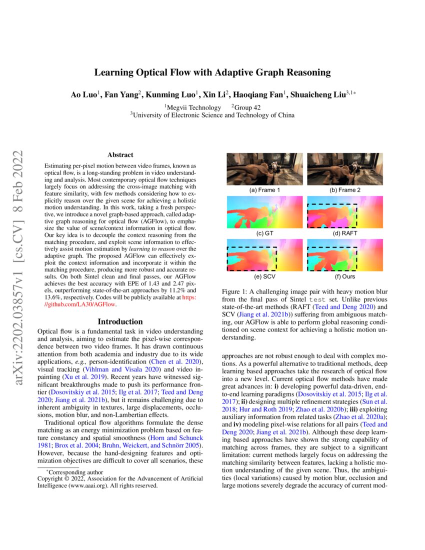 Learning Optical Flow with Adaptive Graph Reasoning | DeepAI