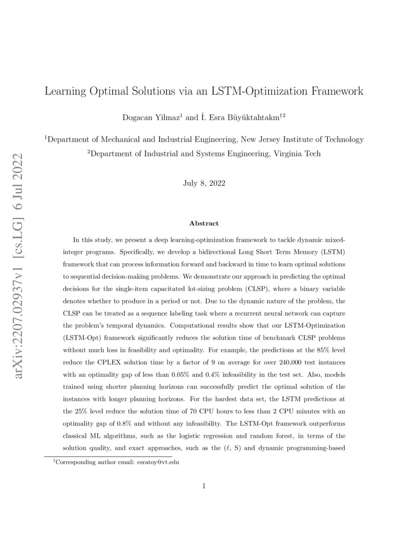 Learning Optimal Solutions via an LSTM-Optimization Framework | DeepAI
