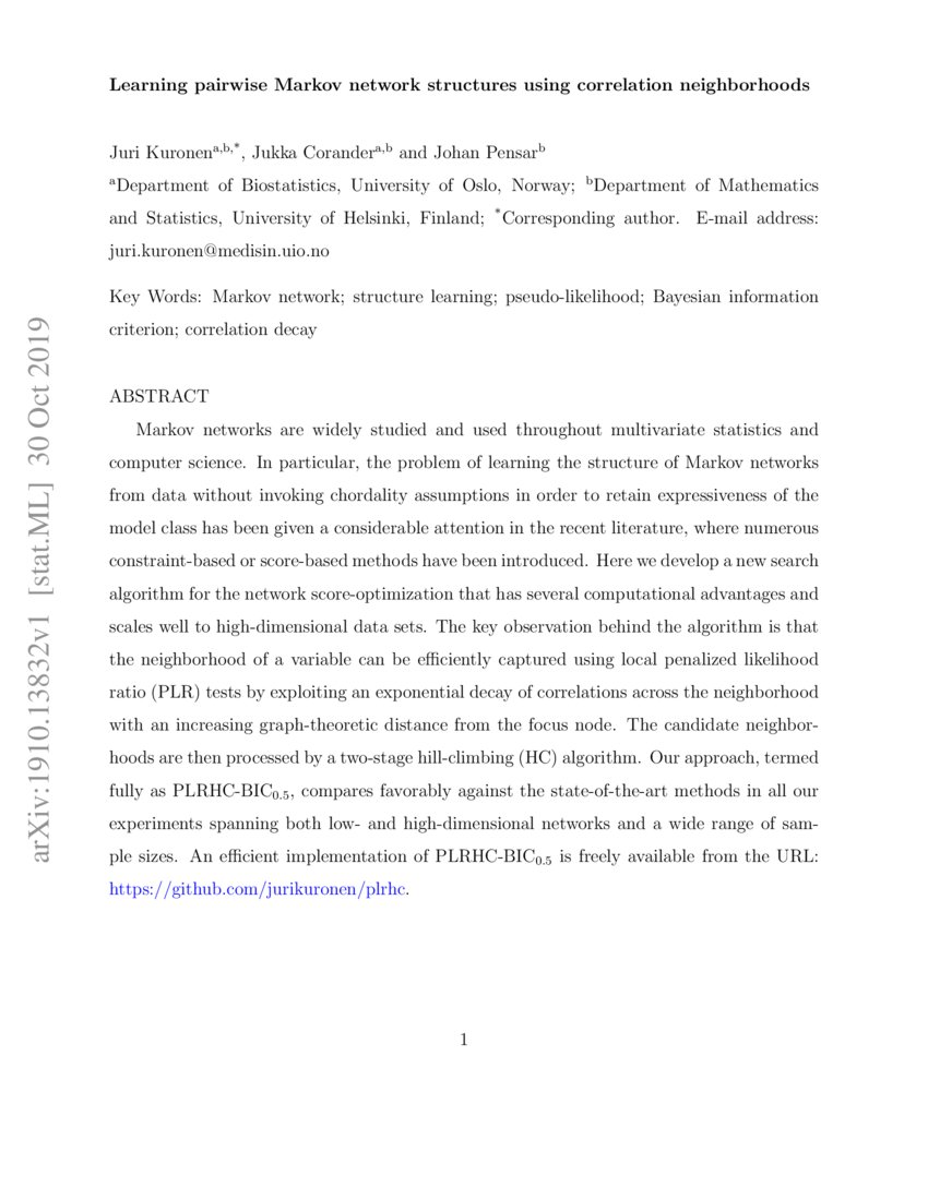 Learning Pairwise Markov Network Structures Using Correlation Neighborhoods Deepai
