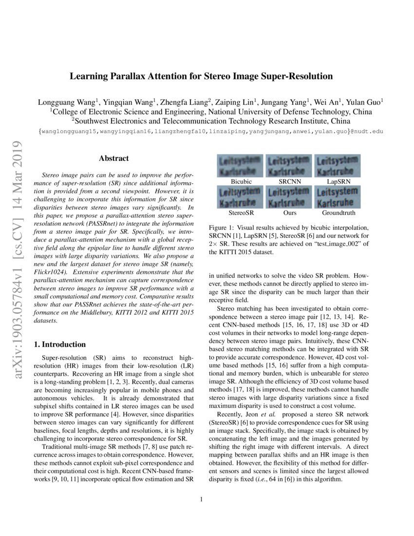 Learning Parallax Attention for Stereo Image Super-Resolution | DeepAI