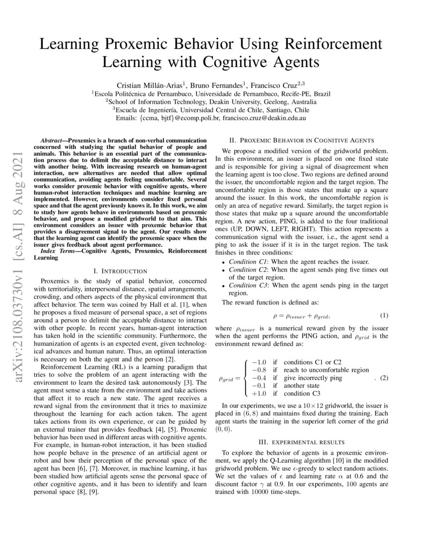 Learning Proxemic Behavior Using Reinforcement Learning with Cognitive Agents | DeepAI