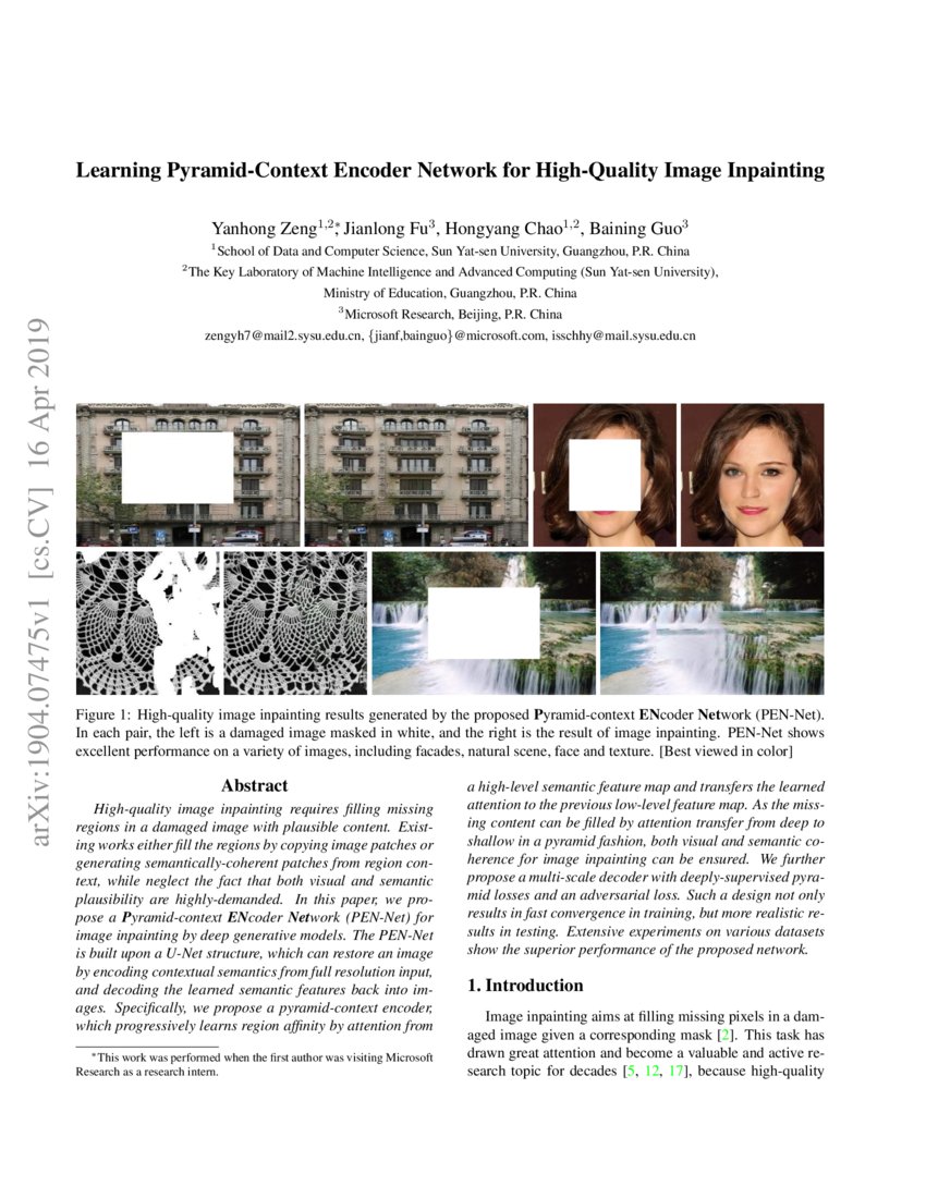 Learning Pyramid-Context Encoder Network for High-Quality Image Inpainting | DeepAI