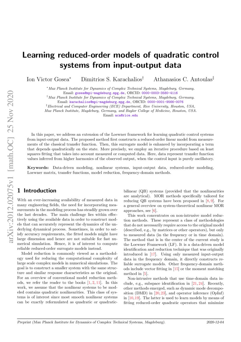 Learning Reduced Order Models Of Quadratic Control Systems From Input Output Data Deepai 2793
