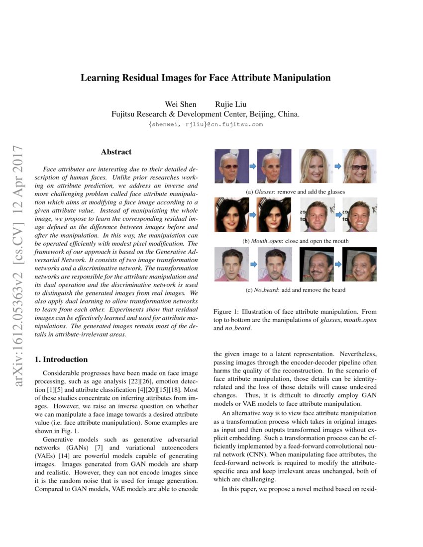 Learning Residual Images for Face Attribute Manipulation | DeepAI