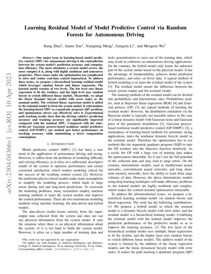 Learning Residual Model Of Model Predictive Control Via Random Forests For Autonomous Driving