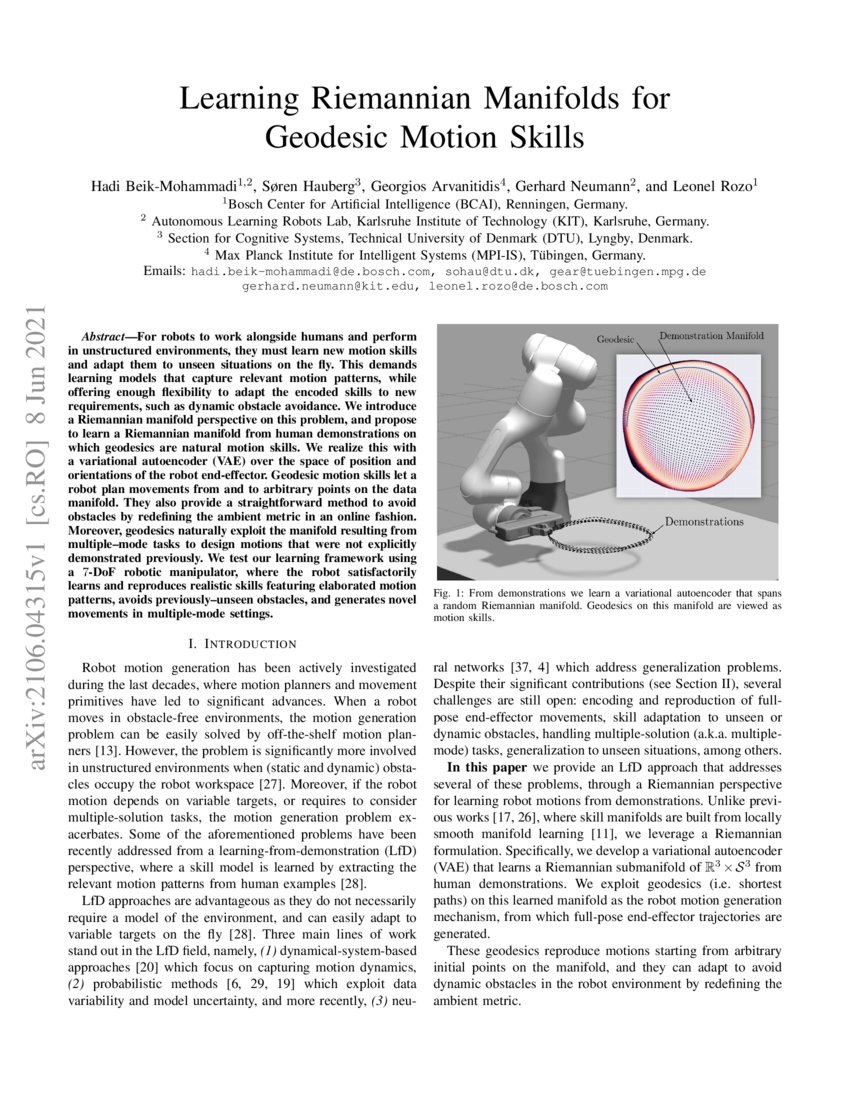 Learning Riemannian Manifolds for Geodesic Motion Skills | DeepAI