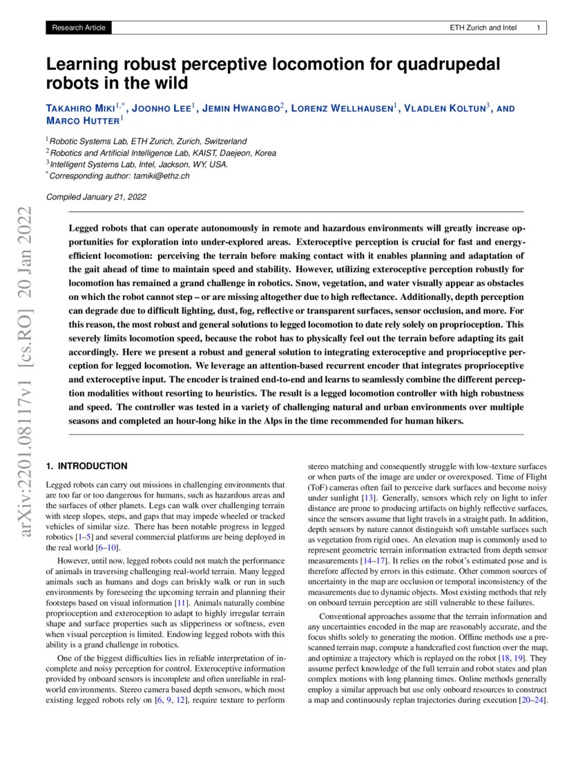 Learning robust perceptive locomotion for quadrupedal robots in the wild | DeepAI