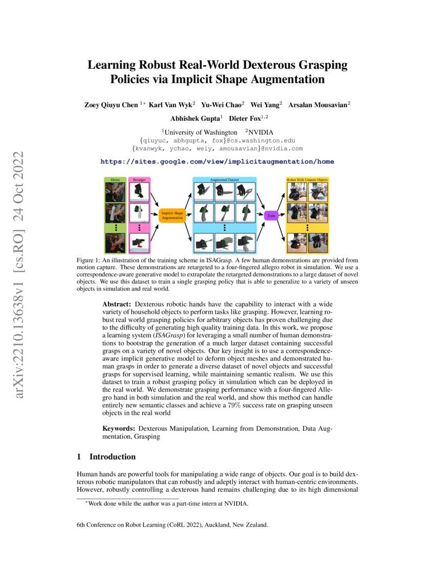 Learning Robust Real World Dexterous Grasping Policies Via Implicit Shape Augmentation Deepai