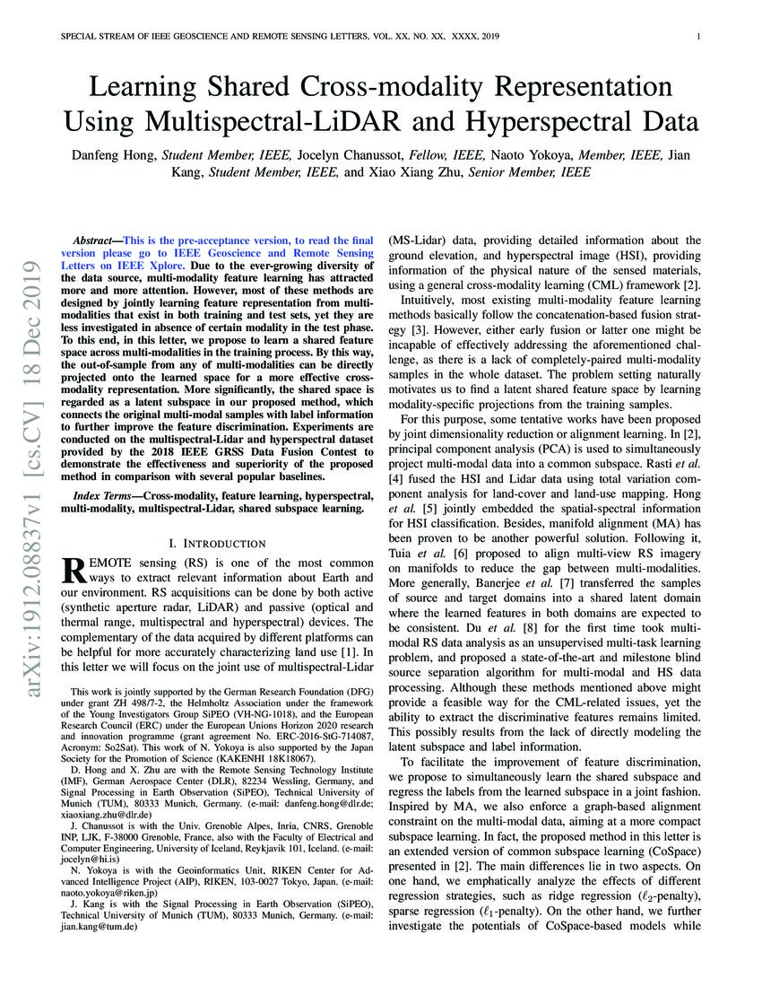 Learning Shared Cross-modality Representation Using Multispectral-LiDAR and Hyperspectral Data ...