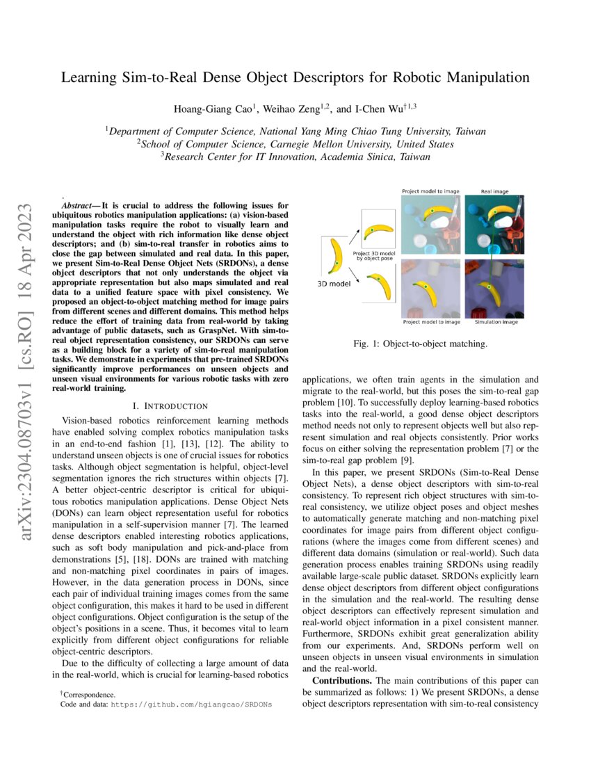 Learning Sim-to-Real Dense Object Descriptors for Robotic Manipulation | DeepAI