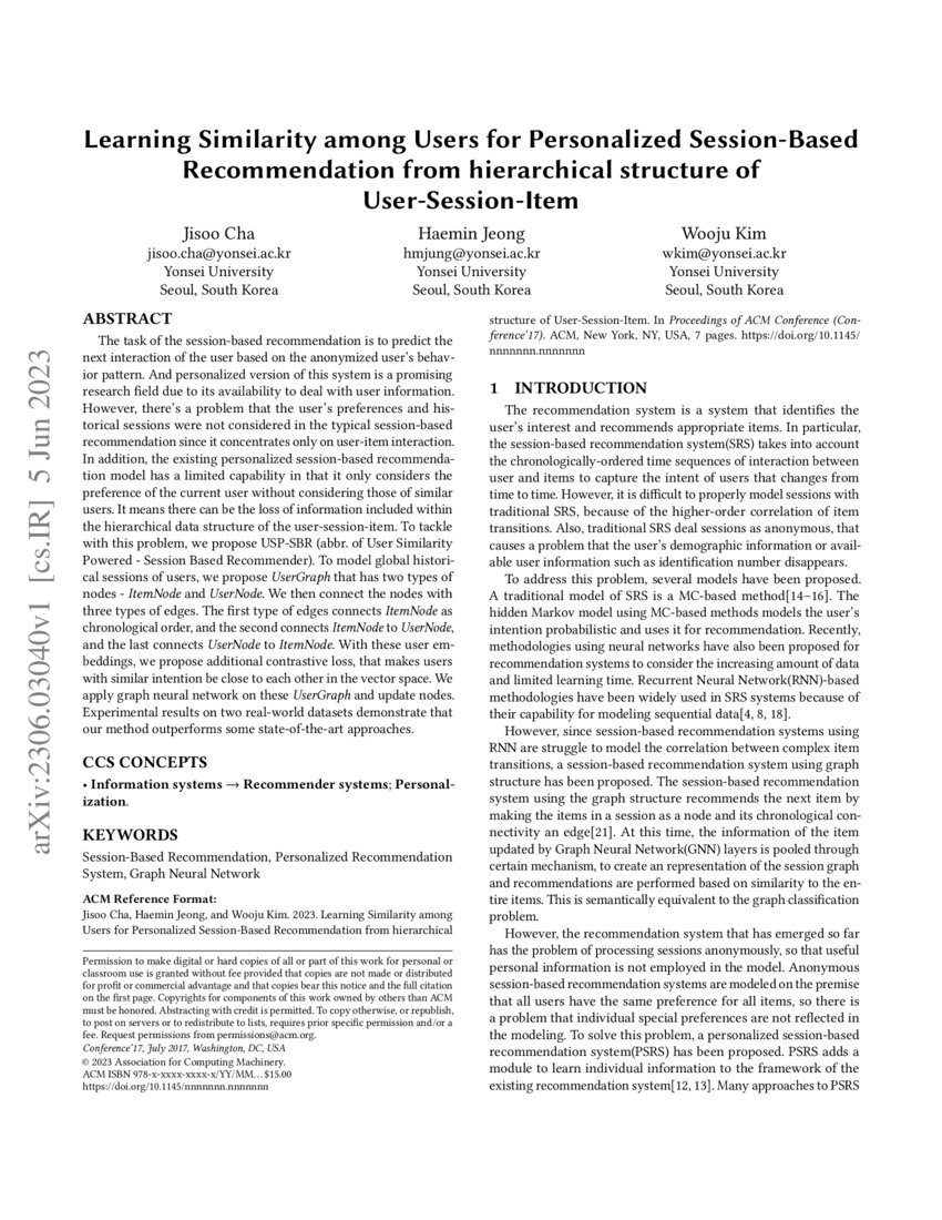Learning Similarity Among Users For Personalized Session Based Recommendation From Hierarchical