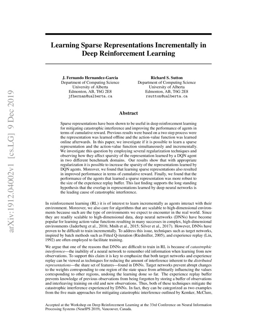Learning Sparse Representations Incrementally in Deep Reinforcement Learning | DeepAI