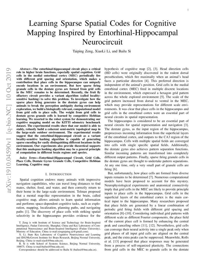 Learning Sparse Spatial Codes for Cognitive Mapping Inspired by Entorhinal-Hippocampal ...