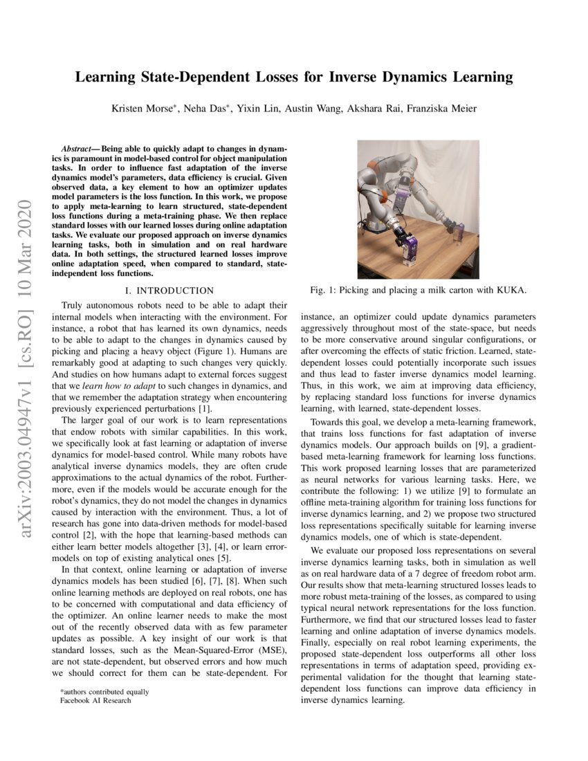 Learning State Dependent Losses For Inverse Dynamics Learning Deepai