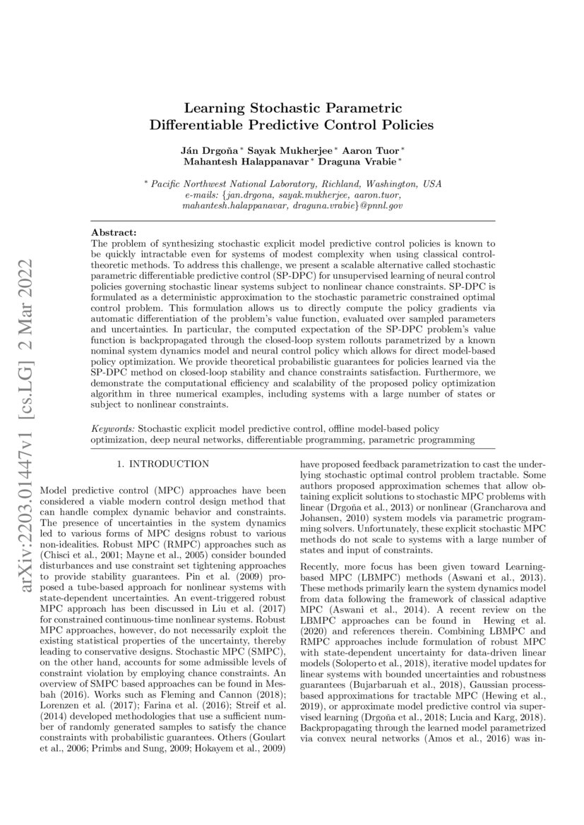 Learning Stochastic Parametric Differentiable Predictive Control Policies Deepai