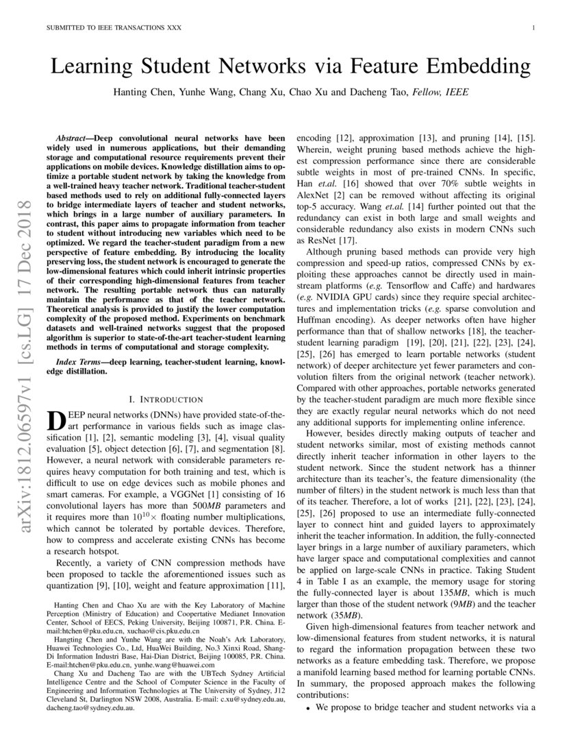 Learning Student Networks via Feature Embedding | DeepAI