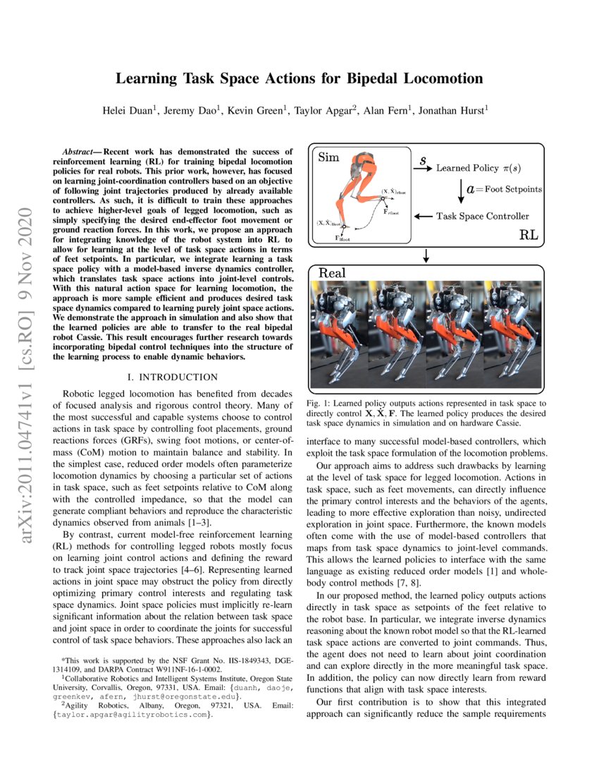 Learning Task Space Actions for Bipedal Locomotion | DeepAI