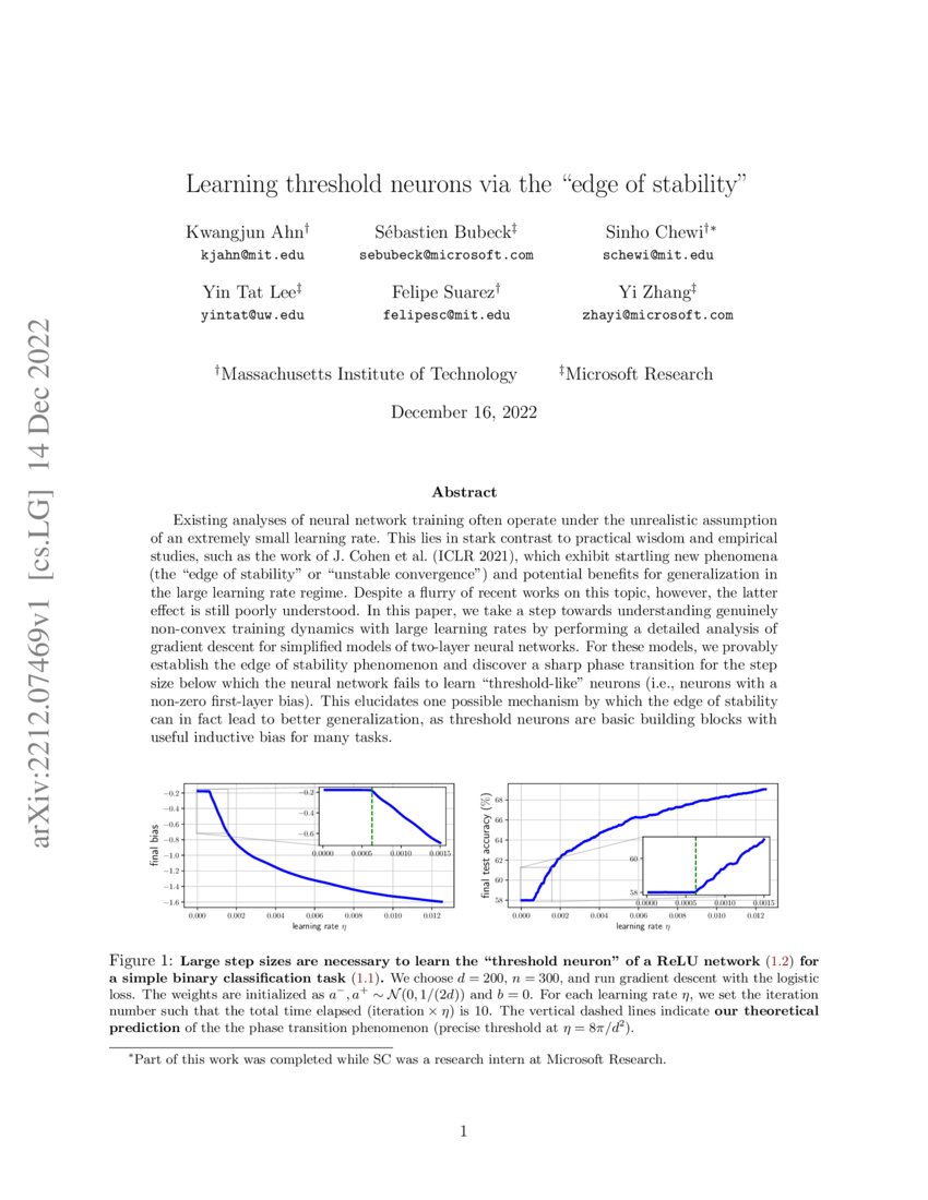 Learning threshold neurons via the "edge of stability" | DeepAI