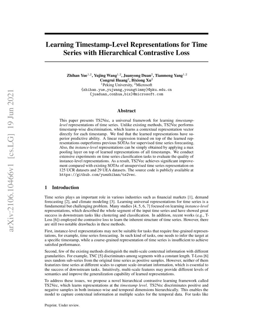 Learning Timestamp-Level Representations for Time Series with Hierarchical Contrastive Loss | DeepAI