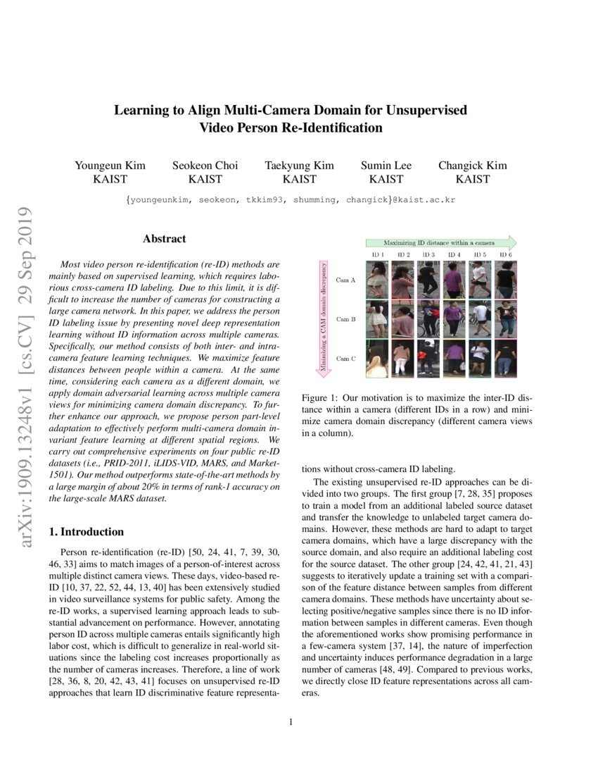 Learning to Align Multi-Camera Domain for Unsupervised Video Person Re-Identification | DeepAI