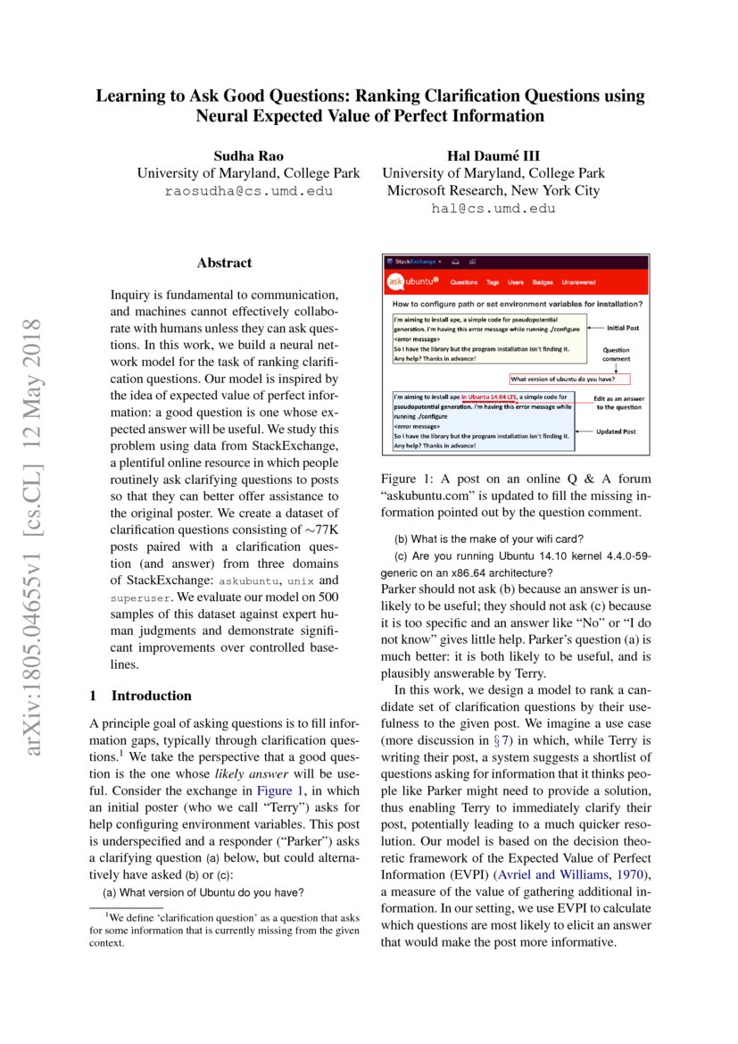 Learning To Ask Good Questions Ranking Clarification Questions Using Neural Expected Value Of