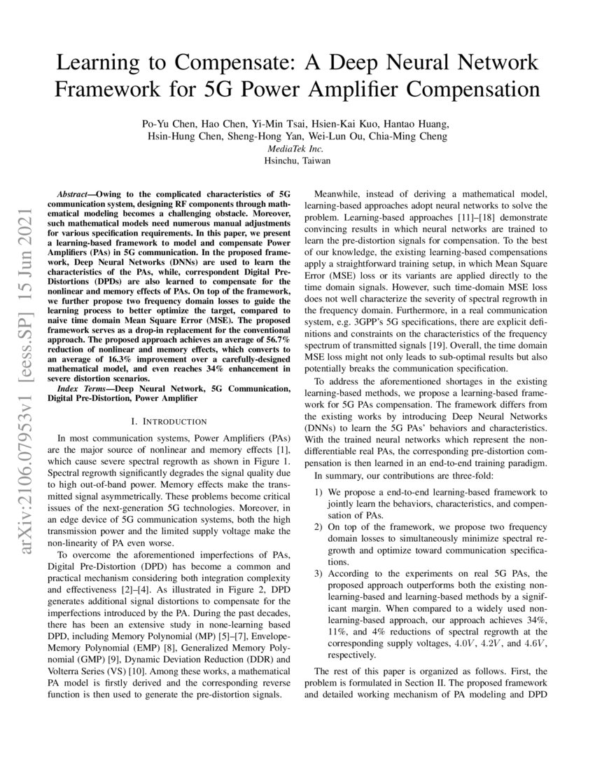 Learning To Compensate A Deep Neural Network Framework For 5g Power Amplifier Compensation Deepai
