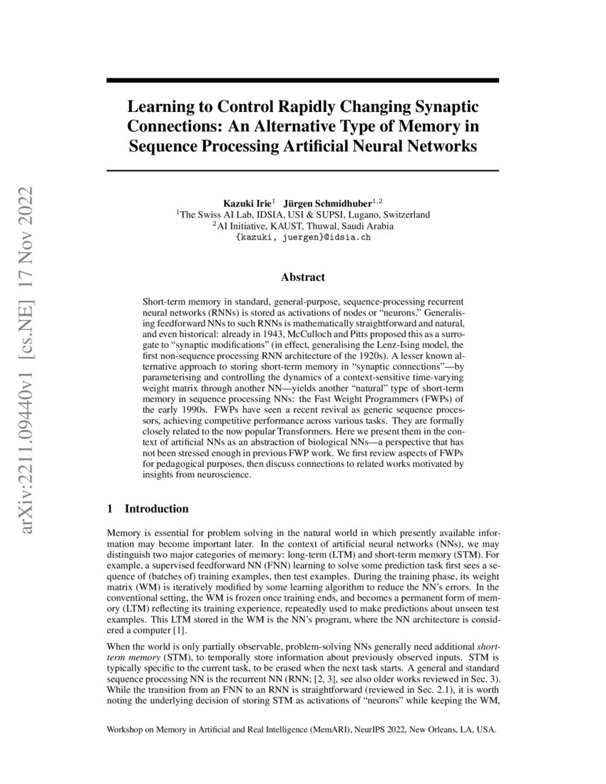 Learning to Control Rapidly Changing Synaptic Connections: An Alternative Type of Memory in ...