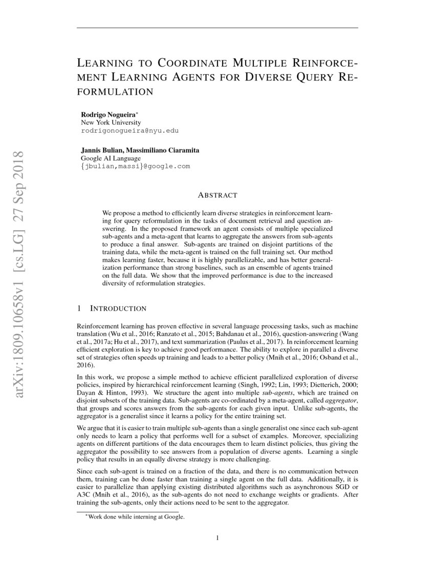 Learning To Coordinate Multiple Reinforcement Learning Agents For
