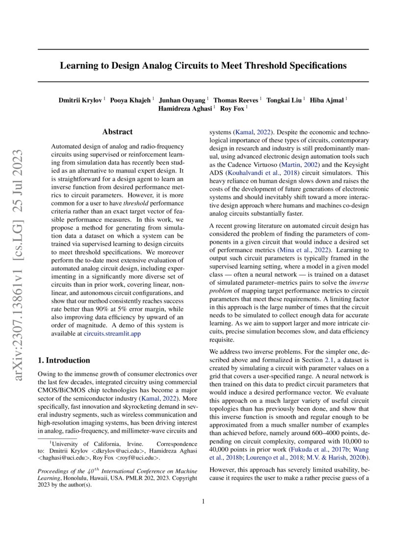 Learning to Design Analog Circuits to Meet Threshold Specifications | DeepAI