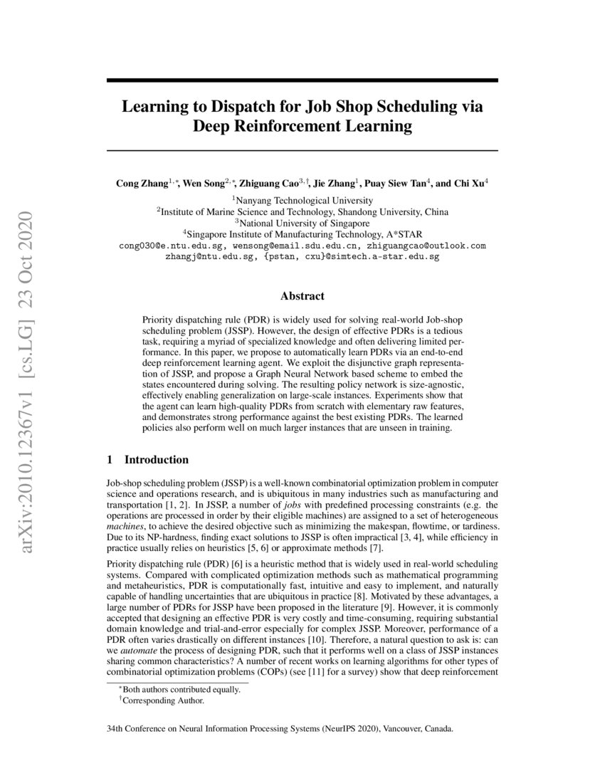 Learning to Dispatch for Job Shop Scheduling via Deep Reinforcement Learning | DeepAI