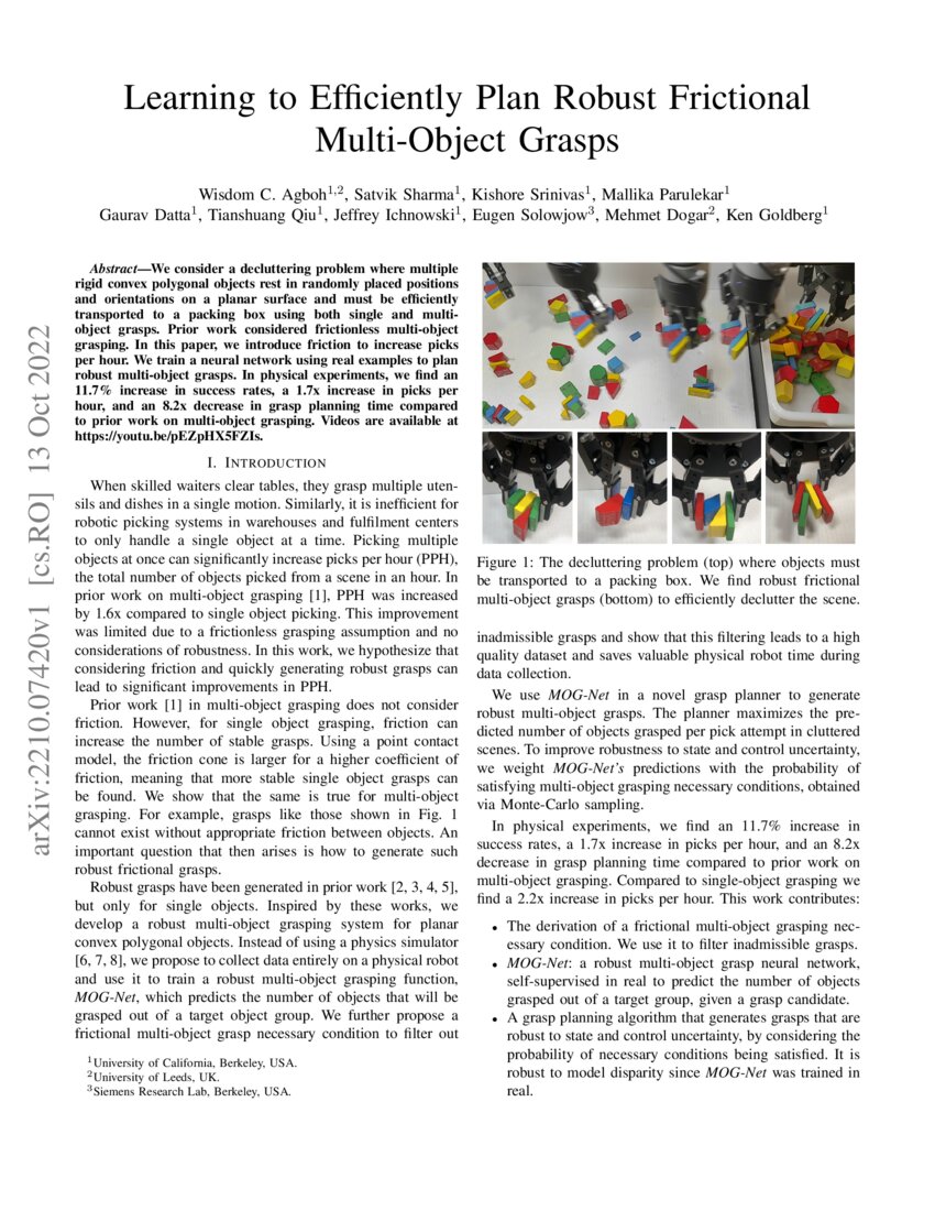 Learning To Efficiently Plan Robust Frictional Multi Object Grasps Deepai