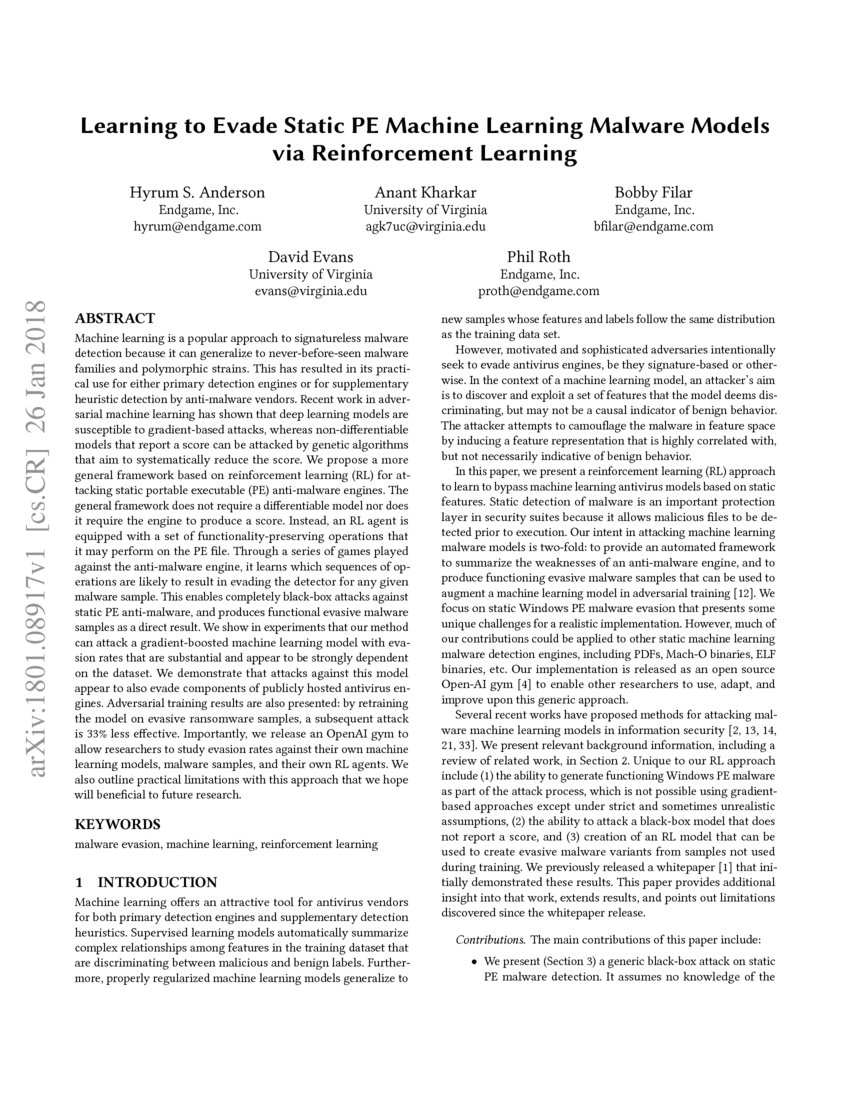 Learning To Evade Static Pe Machine Learning Malware Models Via Reinforcement Learning Deepai