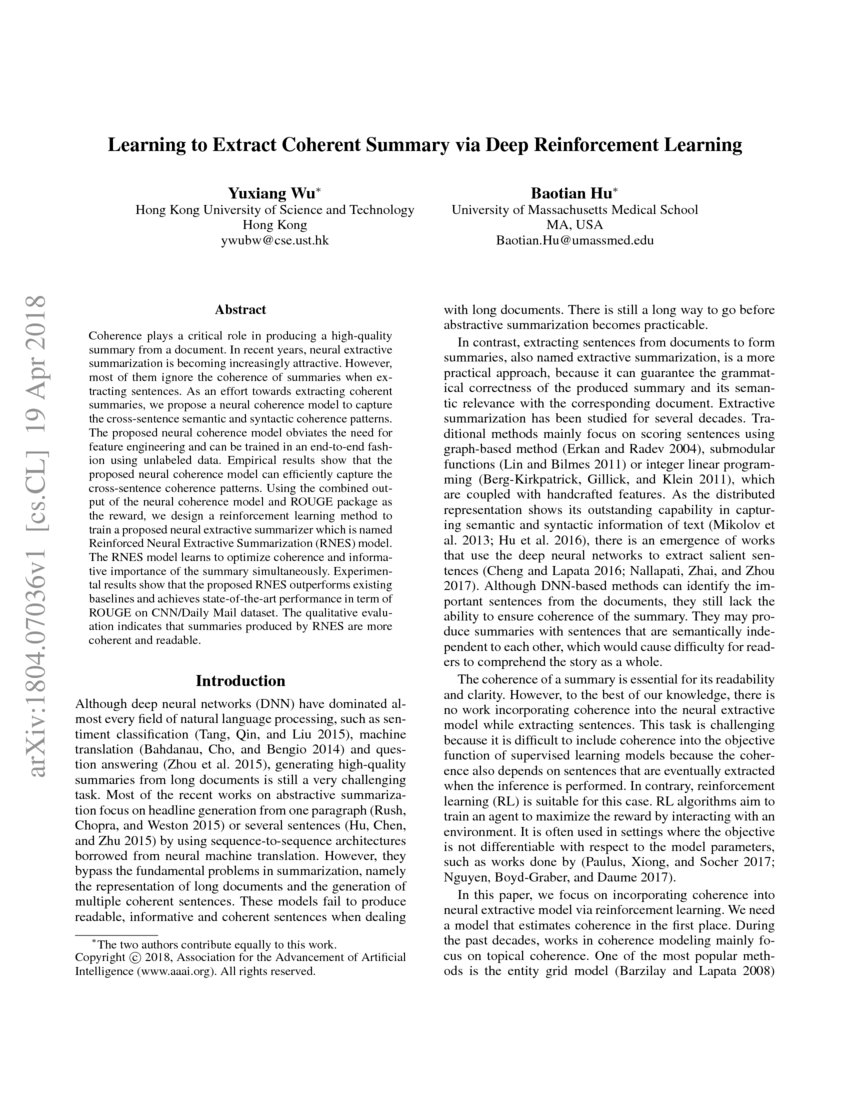 Learning to Extract Coherent Summary via Deep Reinforcement Learning ...