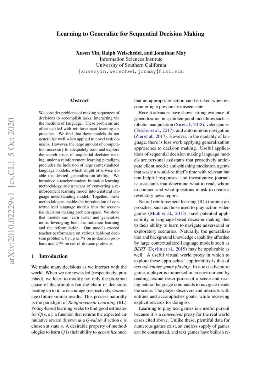 Learning to Generalize for Sequential Decision Making | DeepAI Learning to Generalize for Sequential Decision Making | DeepAI