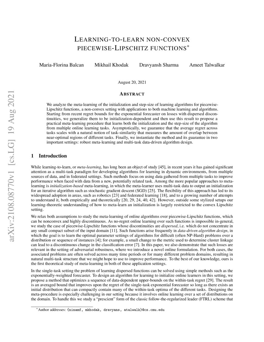 Learning To Learn Non Convex Piecewise Lipschitz Functions Deepai