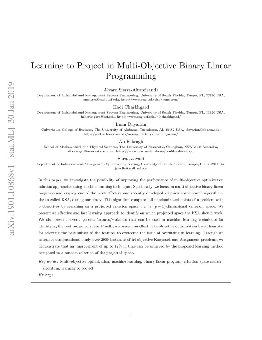 Learning To Project In Multi Objective Binary Linear Programming Deepai