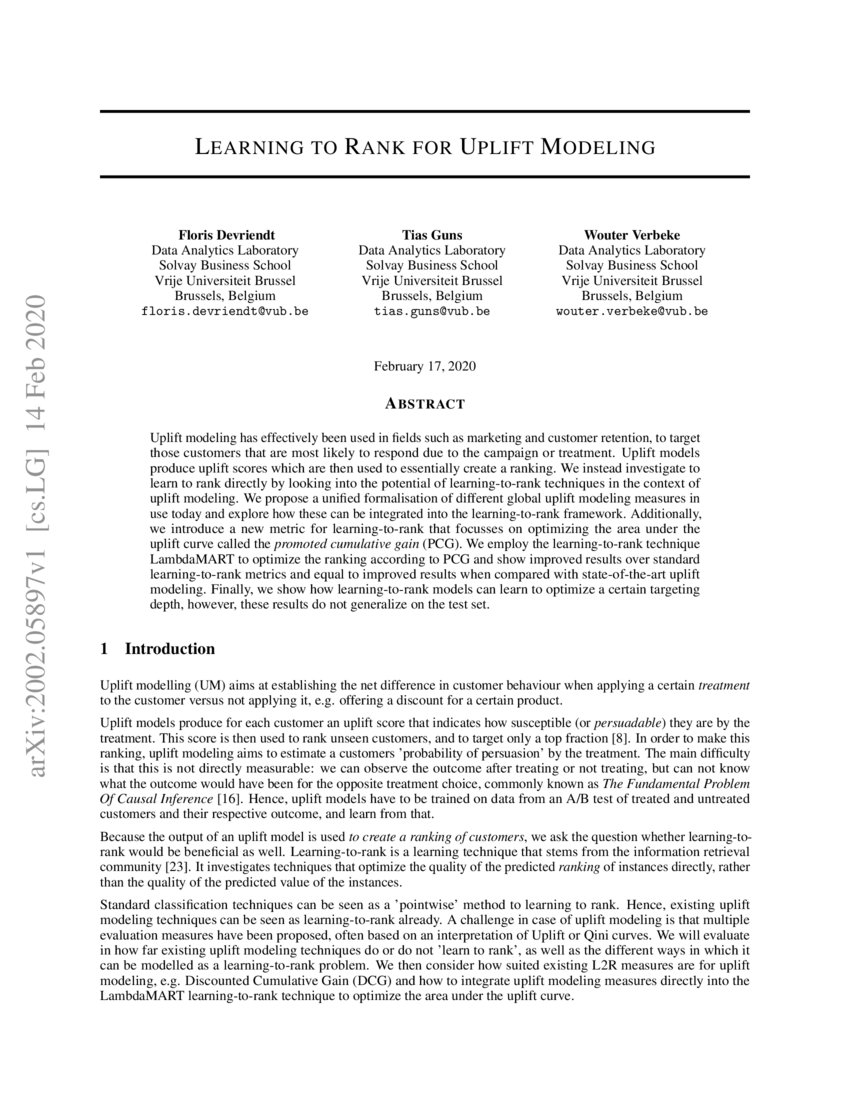 Learning to rank for uplift modeling | DeepAI