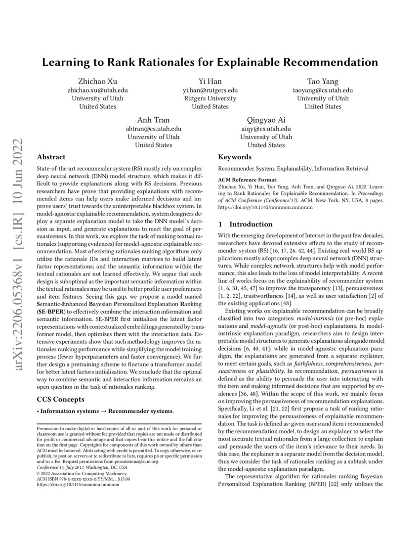 Learning to Rank Rationales for Explainable Recommendation | DeepAI