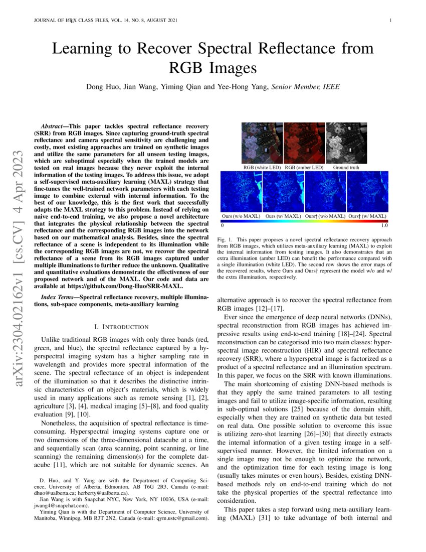 Learning to Recover Spectral Reflectance from RGB Images | DeepAI