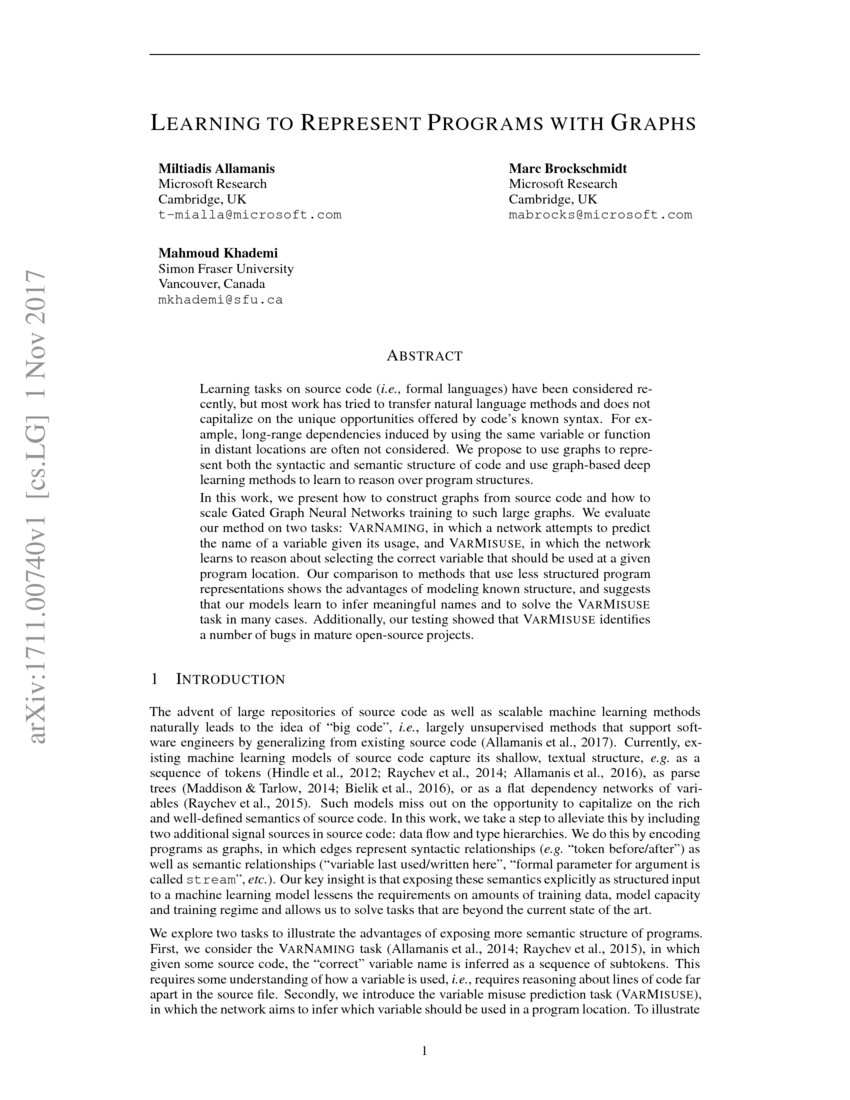 Learning to Represent Programs with Graphs | DeepAI