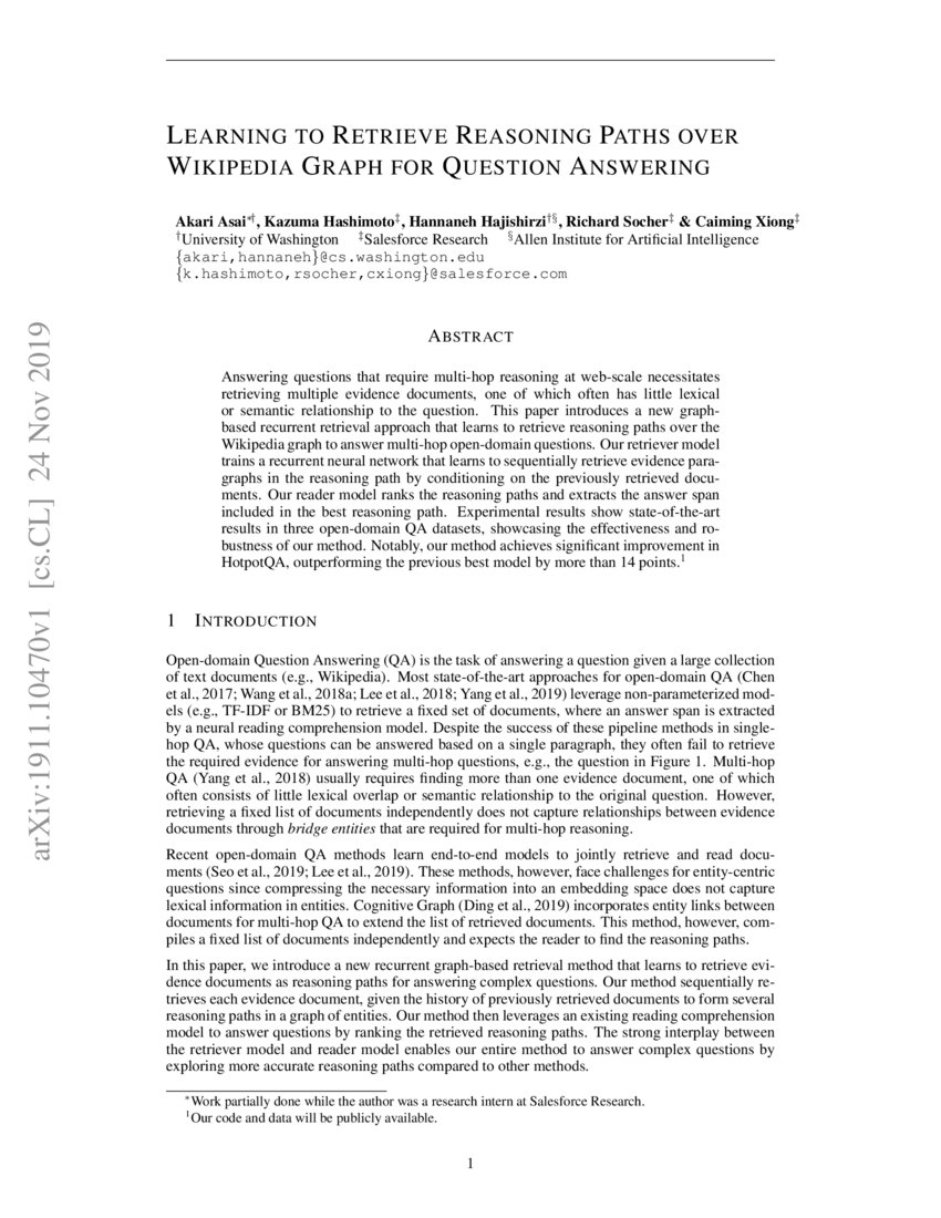 Learning to Retrieve Reasoning Paths over Wikipedia Graph for Question Answering | DeepAI